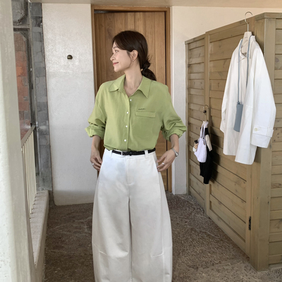 MISS密思家-26年早春爆版主推款刺绣斜口袋天丝质感宽松衬衫69026