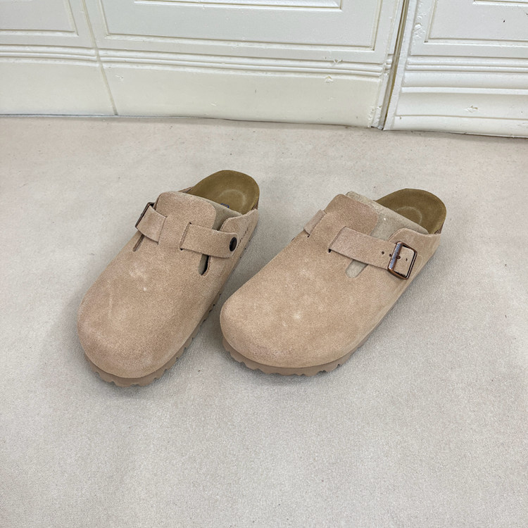Lady Shoes外贸出口女鞋里外全真皮新款圆头皮带扣包头博肯拖鞋