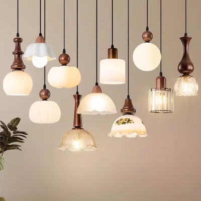 中古风卧室床头小吊灯高级感法式复古餐厅过道新中式单头长吊线灯