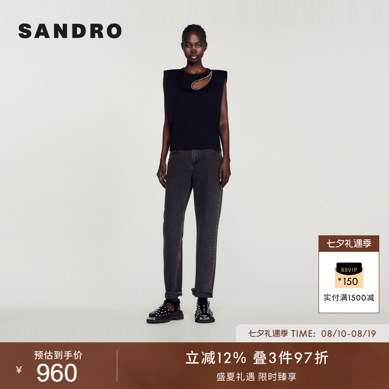SANDRO女装法式气质时尚棉质仿钻镂空修身无袖针织T恤上衣