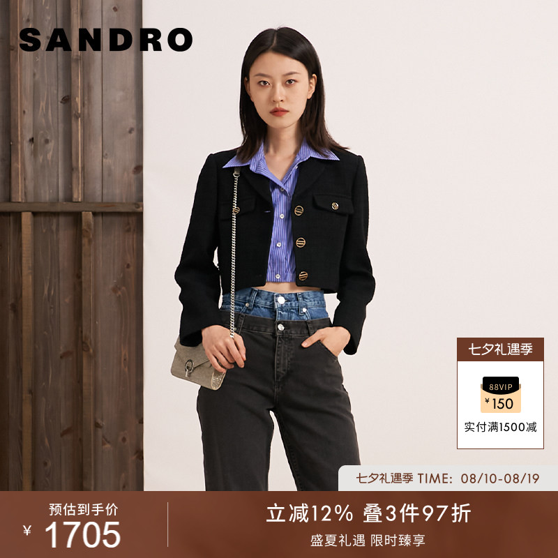 SANDRO女装法式气质时尚休闲优雅黑色翻领单排扣短款长袖花呢外套