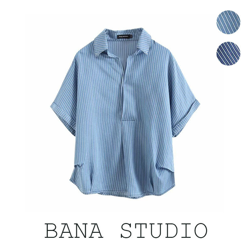 BANA日单牛货外贸夏大码女装竖条纹Polo翻领短袖套头牛仔衬衫