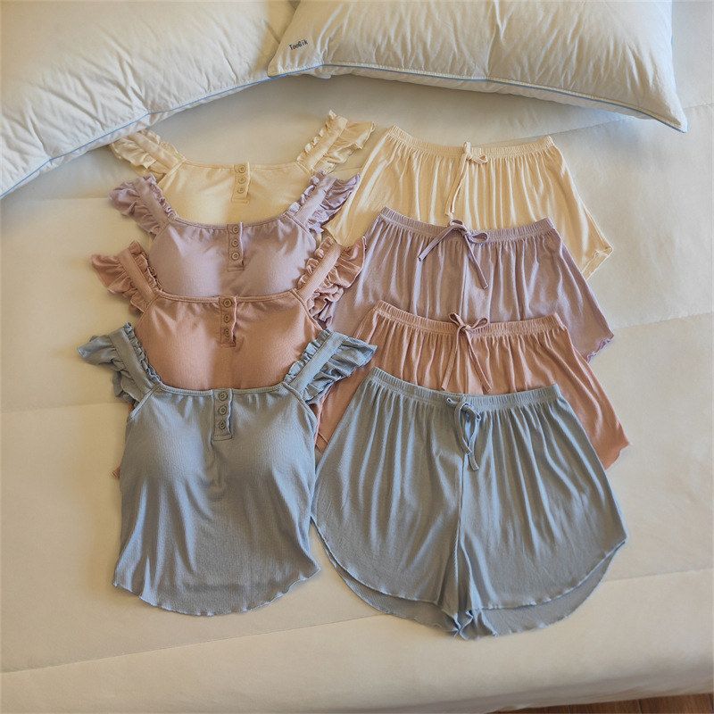 莫代尔睡衣女带胸垫夏季新款吊带短裤两件套甜美仙女风家居服套装