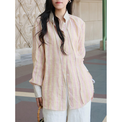 IMMUNO壹糯 法式气质撞色条纹翻领系带上衣宽松百搭亚麻衬衫