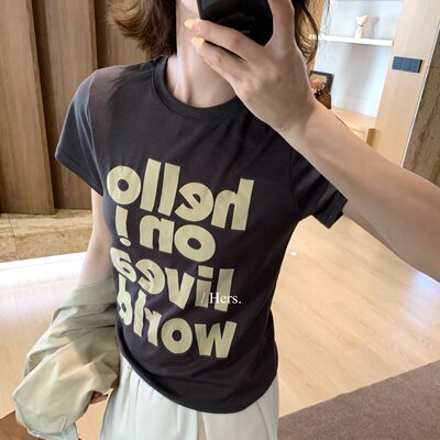 hers 一勺甜 秋季韩系简约字母印花短袖T恤女百搭休闲上衣66825
