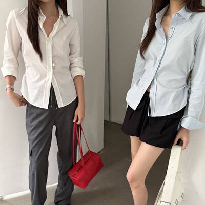 WAIT MORE 春夏韩系小众收腰挖空长袖衬衫女设计感上衣5139