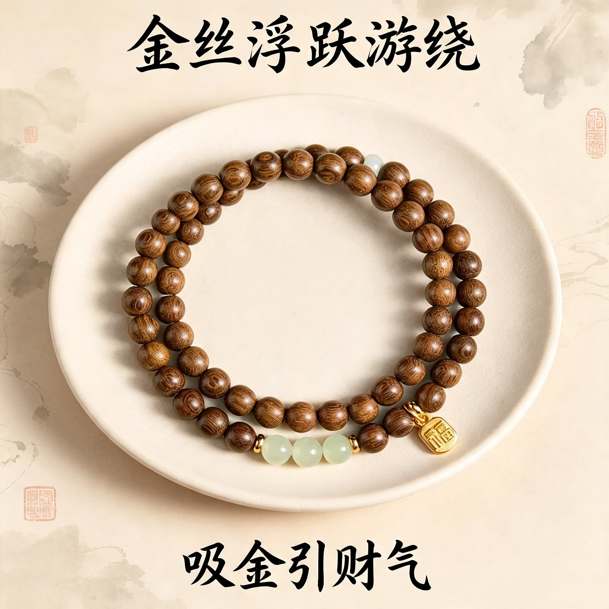 金丝檀木静心手串女檀香木质新中式文玩情绪稳定佛珠手链男
