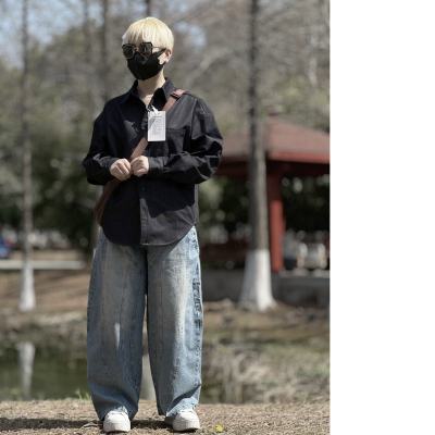 美式复古做旧拼接阔腿牛仔裤男