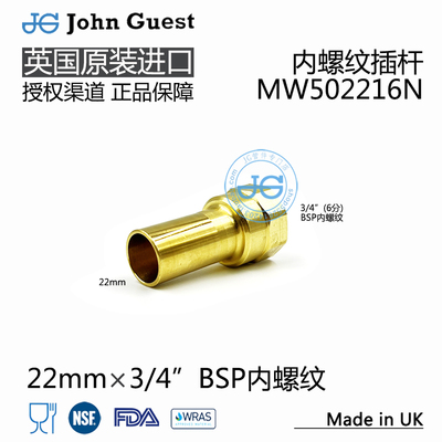 MW502216N 22mm×3/4BSP内螺纹插杆铜接英国JohnGuest自来水快接