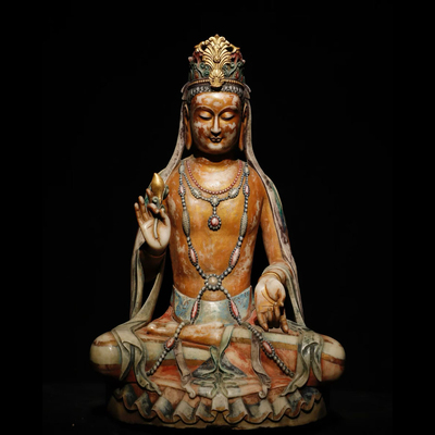 石雕仿古复古北齐汉白玉彩绘观音佛像造像坐佛摆件做旧摆放家居