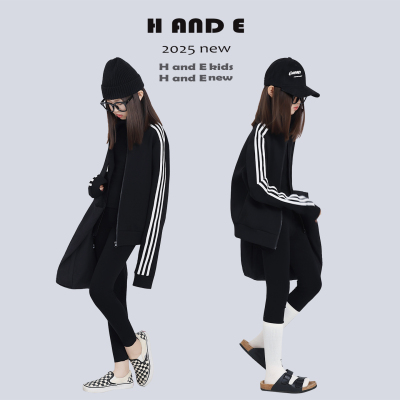 H AND E 原创童装2026春季黑色三条杠运动夹克外套女童亲子装母女