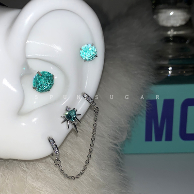 绝美爆闪帕拉伊巴绿耳骨钉钛钢超显白马代蓝耳蜗钉链条耳圈耳环女