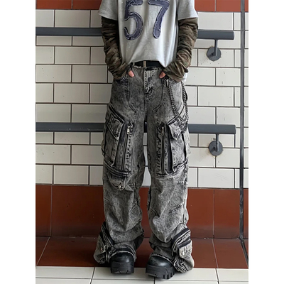 cargo炮弹工装牛仔裤男美式街头风小众重工水洗多口袋宽松阔腿裤
