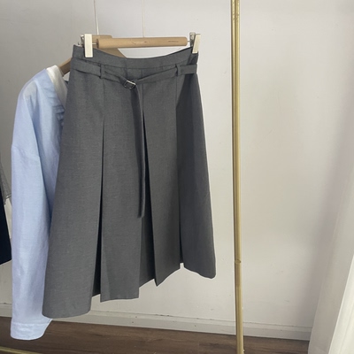 T4616知识分子风气质烟灰色中长裙 百褶裙 半身裙女2026春夏新款