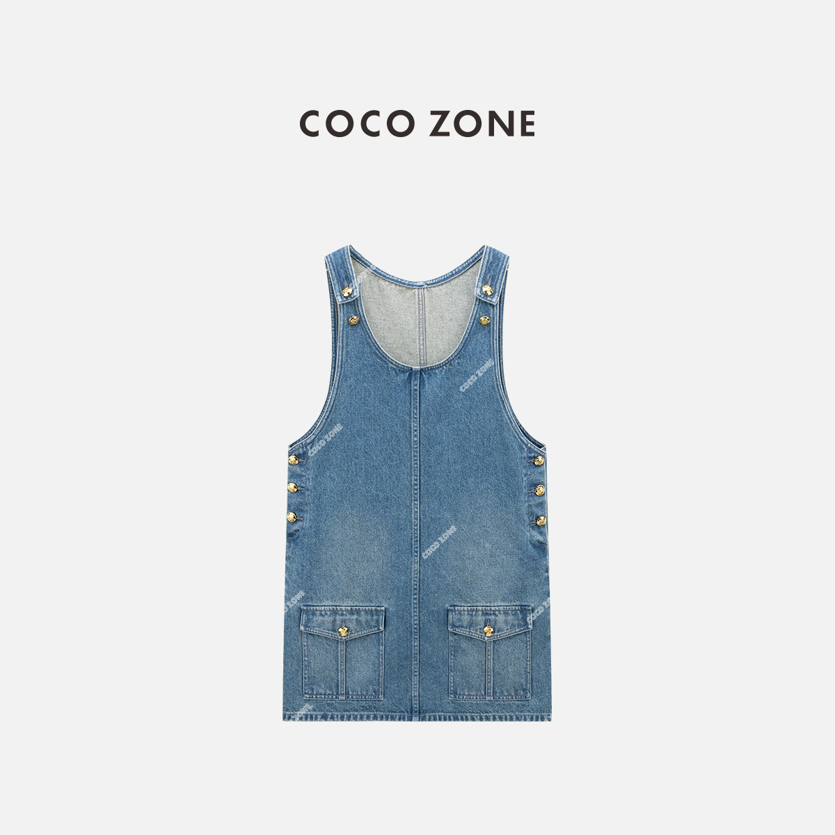 COCO ZONE刘一一早秋设计感气质双口袋无袖U领直筒牛仔背带裙女