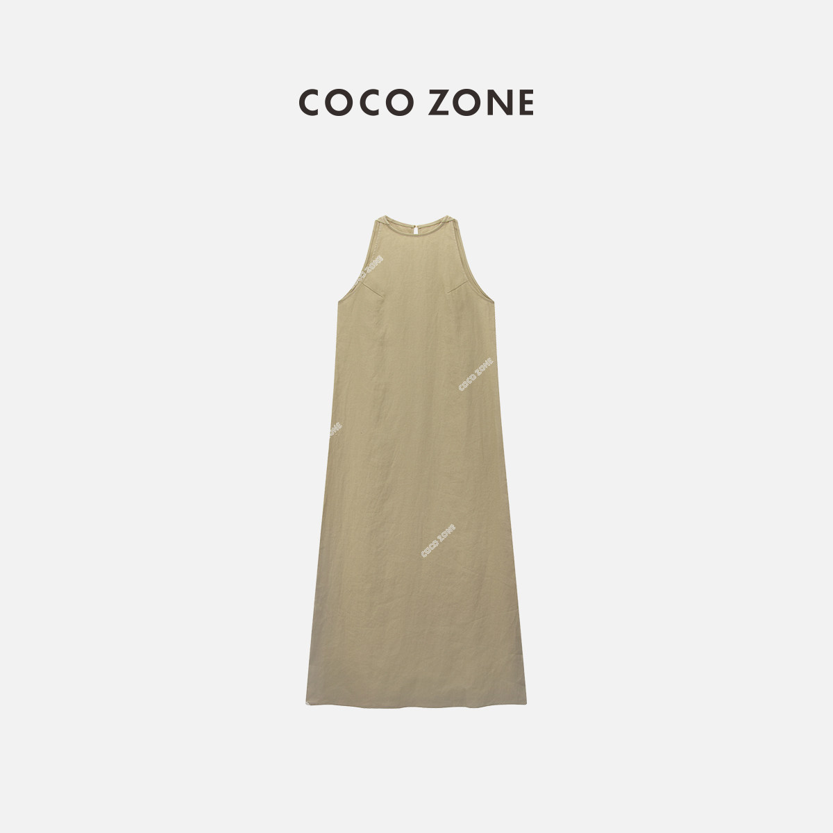 COCO ZONE2024夏季纯色挂脖式无袖连衣裙舒适A字长裙CC1B0895