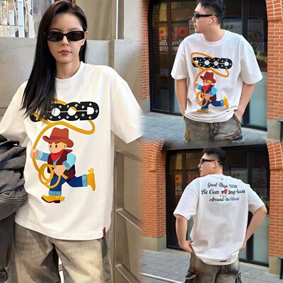 潮牌GOOD时尚牛仔宝石烫钻情侣男女同款短袖T恤纯棉上衣潮流重磅