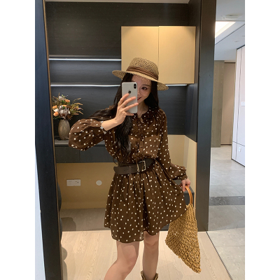 XINYI【摩卡曼波】春季波点印花连衣裙收腰显瘦雪纺裙X626Q02238