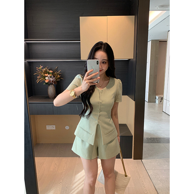 XINYI【高知印象】夏季亚麻西装外套+高腰短裤女两件套X625A08022