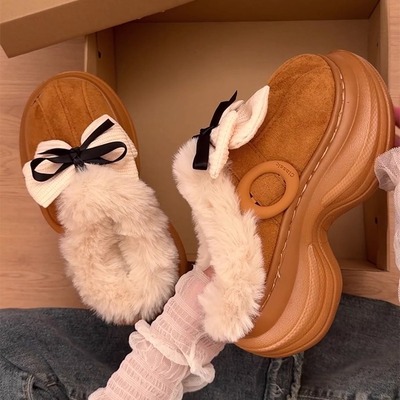 网红蝴蝶结棉拖鞋毛毛鞋女2025冬新款外穿厚底保暖增高加绒雪地靴