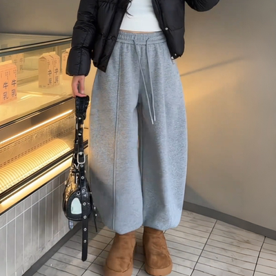 极简风灰色加绒抽绳阔腿束脚卫裤