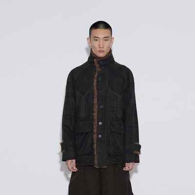 SoleMass 复古格纹毛领工装外套 立领保暖裁剪毛绒棉服上衣男女冬