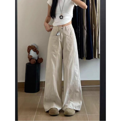 2026春季新款高腰宽松垂感直筒阔腿休闲裤美式米杏色工装牛仔裤女