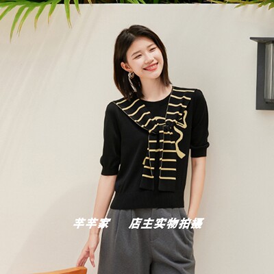 薇季诗WJS5555莱赛尔女针织衫2025秋圆领中袖披肩学院风套头上衣