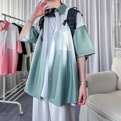 现货流行渐变色短袖袖港风休闲衬衫 C41-P50