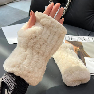 裘瑞兴女款獭兔毛半指连指手套