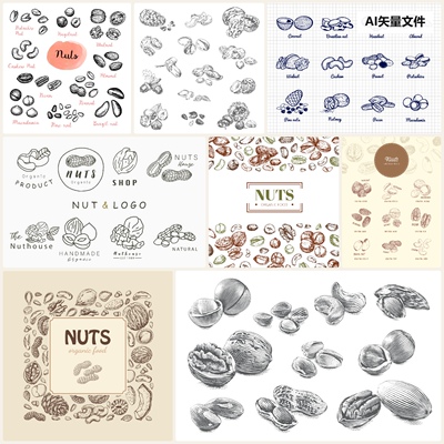 手绘坚果核桃杏仁花生食品包装插画设计素材