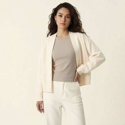 女装柔滑棉质V领针织短开衫