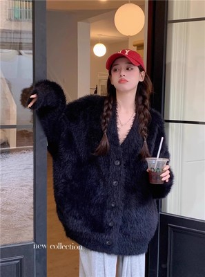 水貂绒开衫V领外穿纽扣