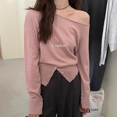 THELIMON纯欲斜肩开衩针织衫