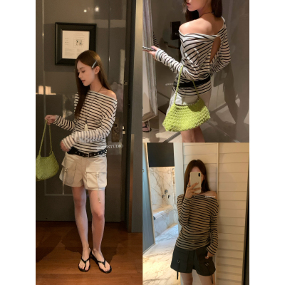 MZI STUDIO夏季条纹一字肩后背纽结镂空休闲松弛感长袖T恤女13228