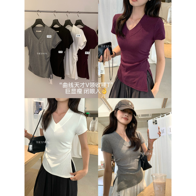 褶皱设计感休闲V领短袖T恤女
