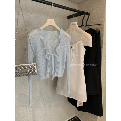 Y.JIA十三行夏季系带防晒针织开衫+抽绳绑带收腰连衣裙套装女8867