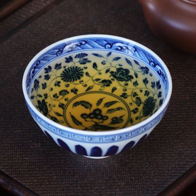 记石柴窑 手绘青花宝相缠枝鸡心杯仿古喝茶杯手工主人杯单杯茶盏