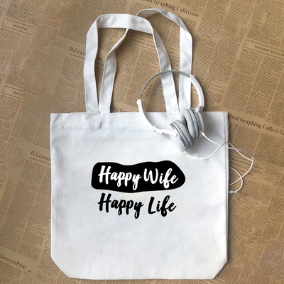happy wife happy life英文情侣夫妻礼物复古字母帆布包手提袋diy