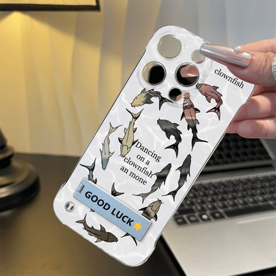 OPPO满屏鱼群透明硬小米手机壳带支架13VIVO华为适用iPhone14无边框16promax超薄12苹果15荣耀x50i真我GT7PRO