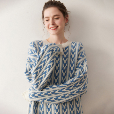 XB-25048 7针圆领撞色山羊绒针织套头衫女针织外套毛衣套头衫羊绒