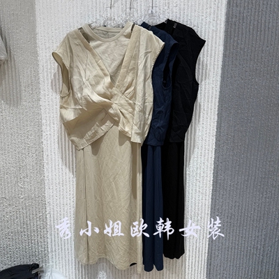欧洲站2026夏新款V领无袖连衣裙女夏系带收腰显瘦中长裙16155