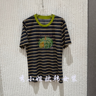 欧洲站2026夏季新款圆领条纹卡通印花短袖T恤女宽松显瘦上衣73156