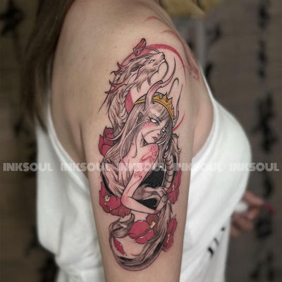INKSOUL龙吟玫瑰潮酷龙女纹身贴