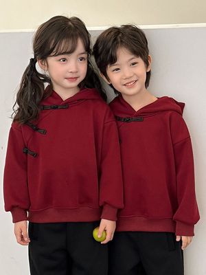 新中式童装男童加绒卫衣女童连帽外套宝宝中国风上衣儿童过年拜年
