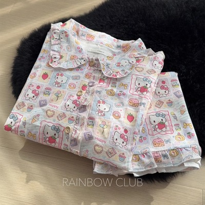 纯棉磨毛花边翻领卡通家居服套装