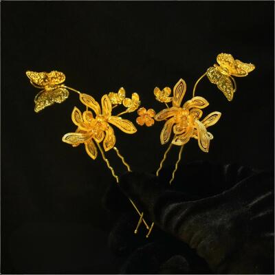 ETE正品新款金色简约边钗盘发秀禾龙凤褂头饰12895