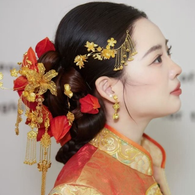 ETE正品金色中式立体花朵流苏新娘减龄百搭大气头饰13032