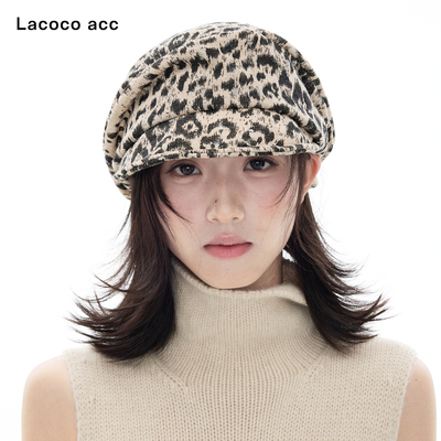 Lacoco复古豹纹报童帽女