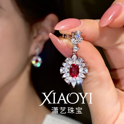 培育红宝石蓝小妖耳环单颗主石1ct精致气质耳环小众925银镀金